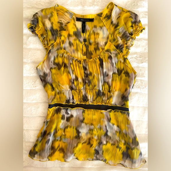 BCBG | Tops | Bcbg Womens Peplum Blouse Yellow Grey Multi Tone Color ...